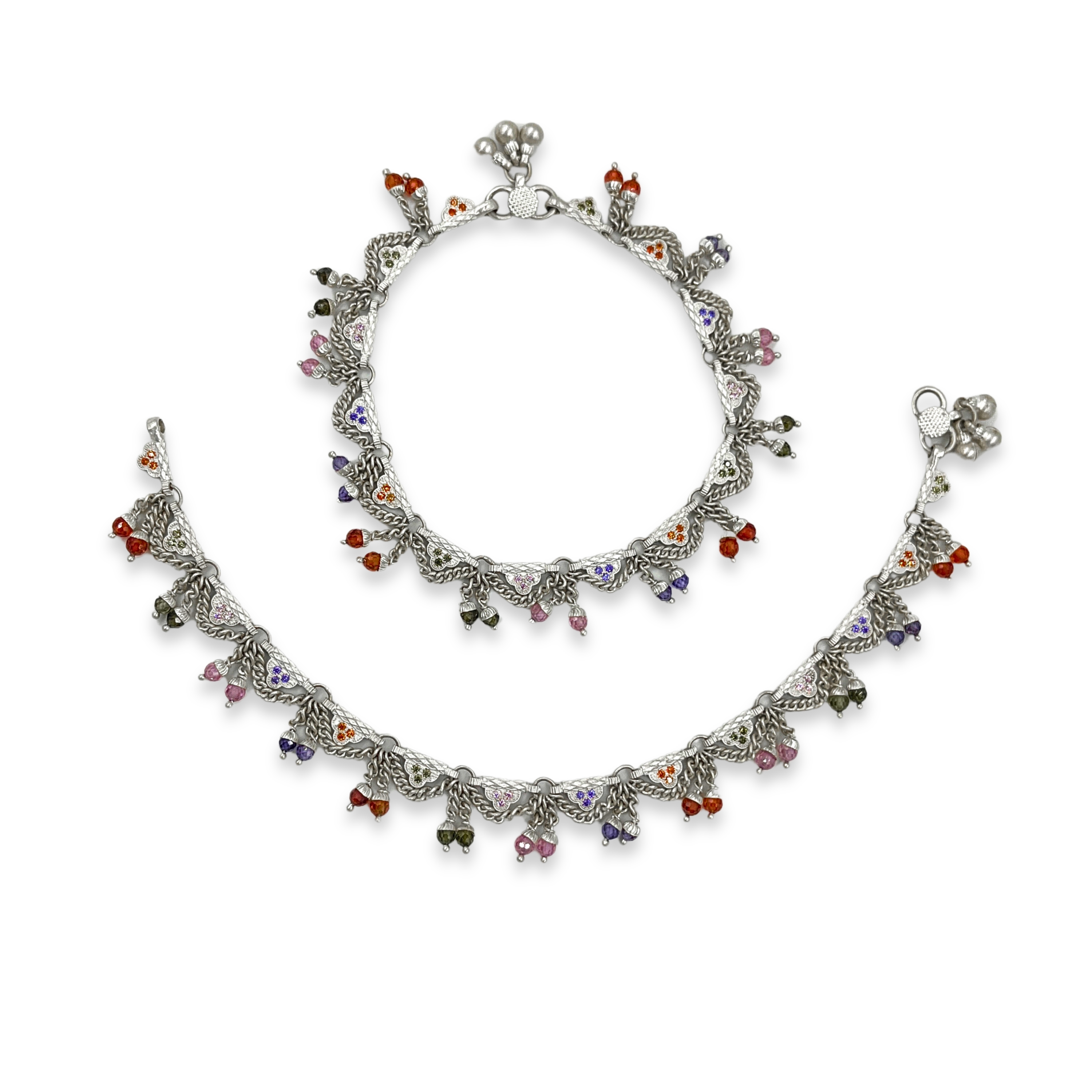 SATLAA Silver Silver Traditional Mulicolor Gemstone Anklet